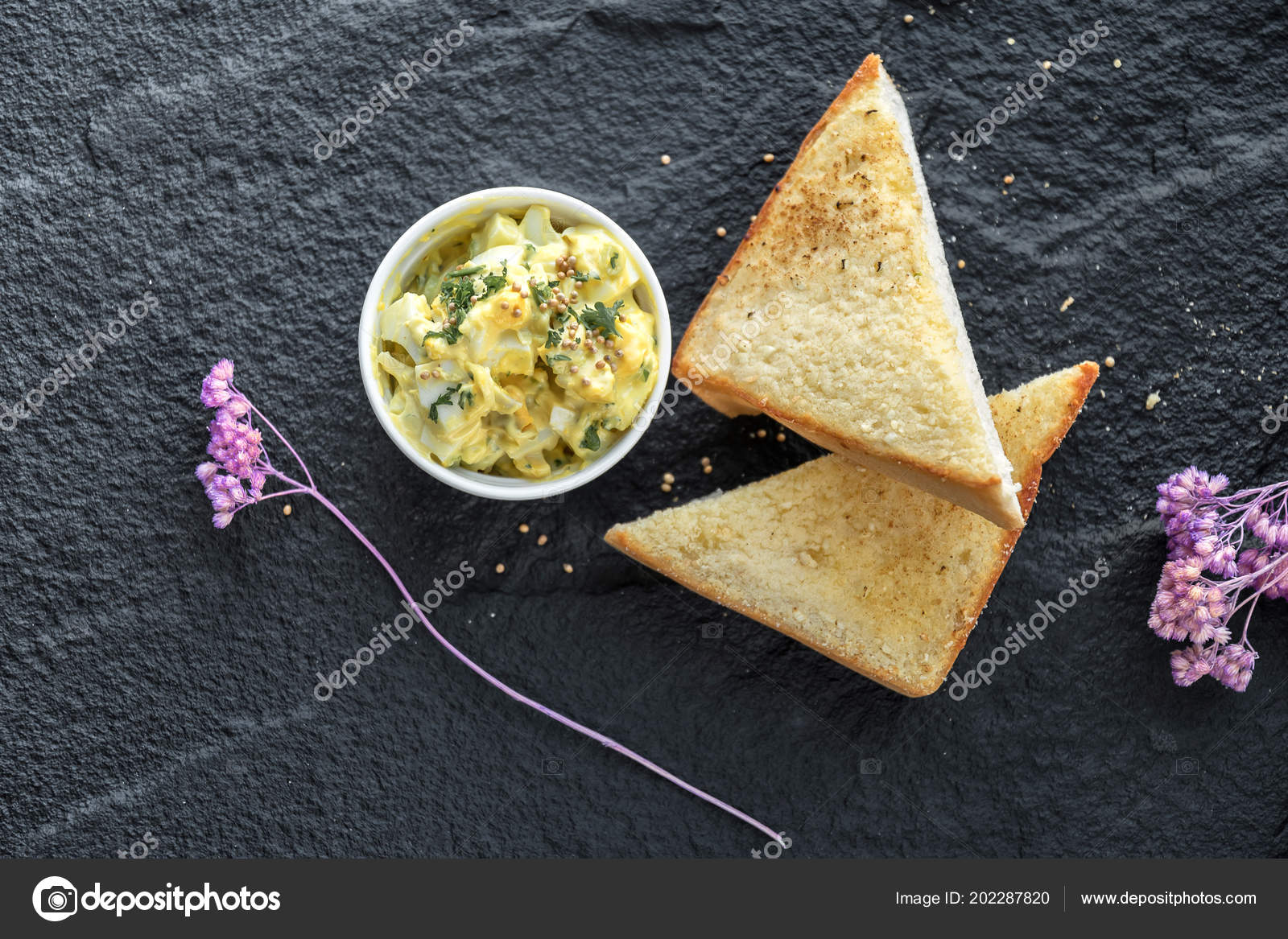 Top View Toasts Hard Boiled Eggs Mustard Stone Plate Decorated Stock ...