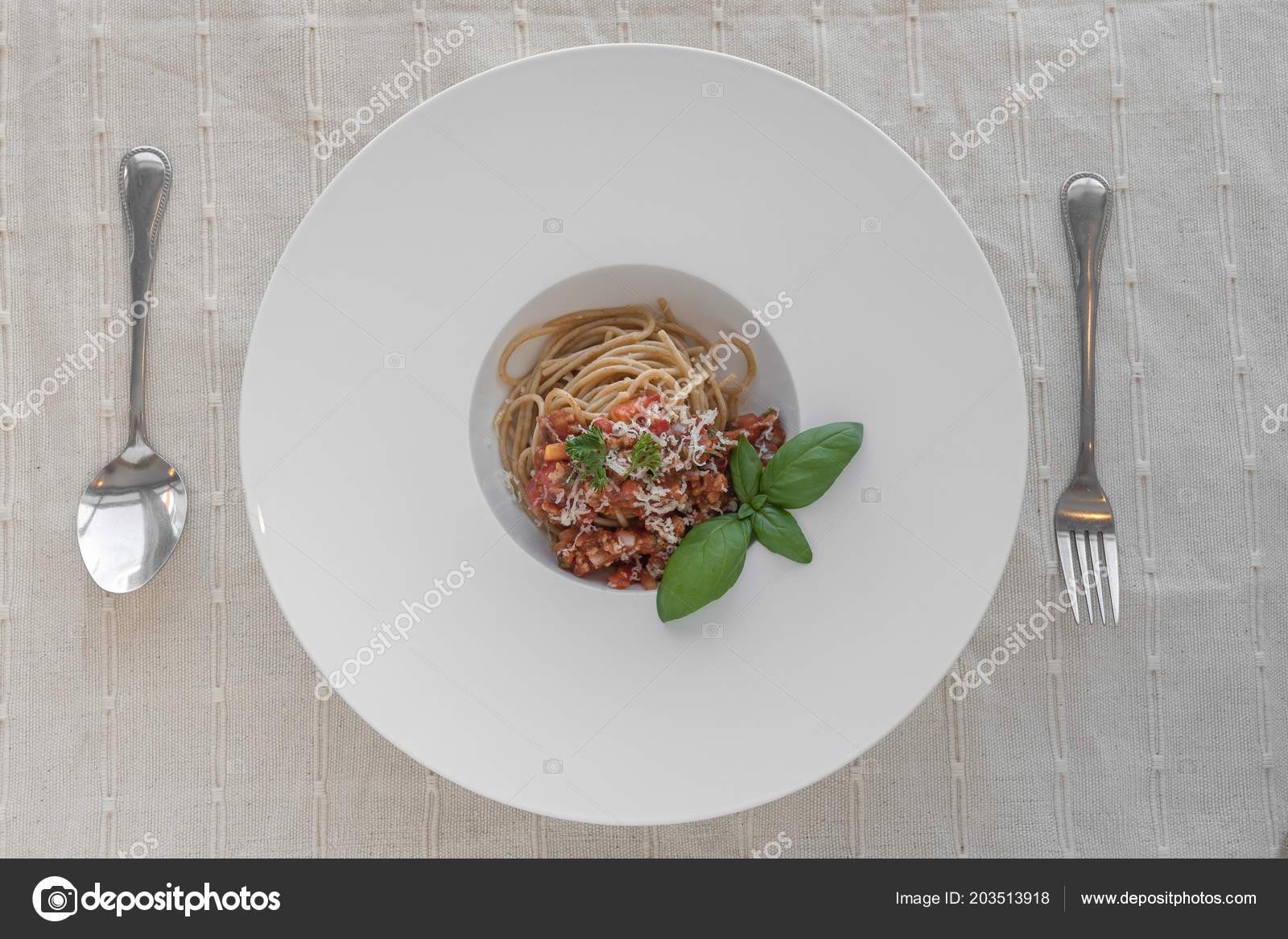 Top View Plate Spaghetti Topped Delicious Bolognaise Sauce Basil Stock ...