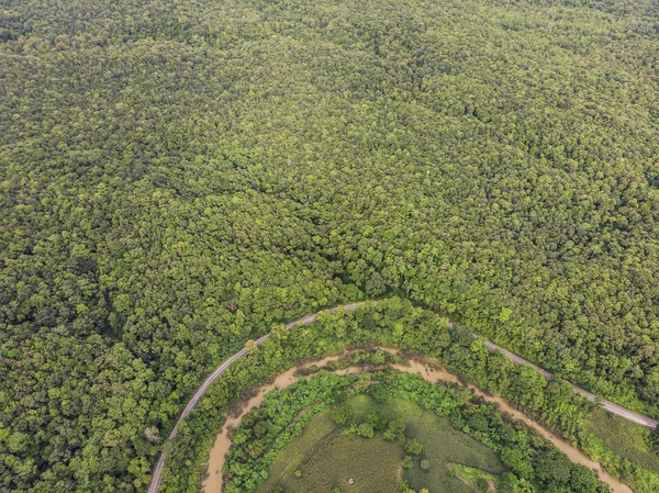 Top View of Rural Road, Path through green forest and countryside of ...