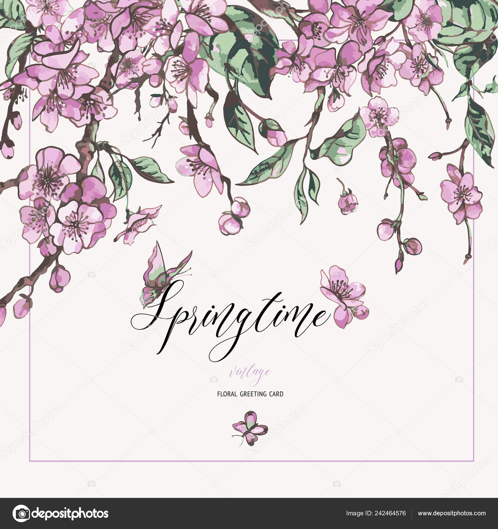 Watercolor spring greeting card vintage floral bouquet with pink Stock ...