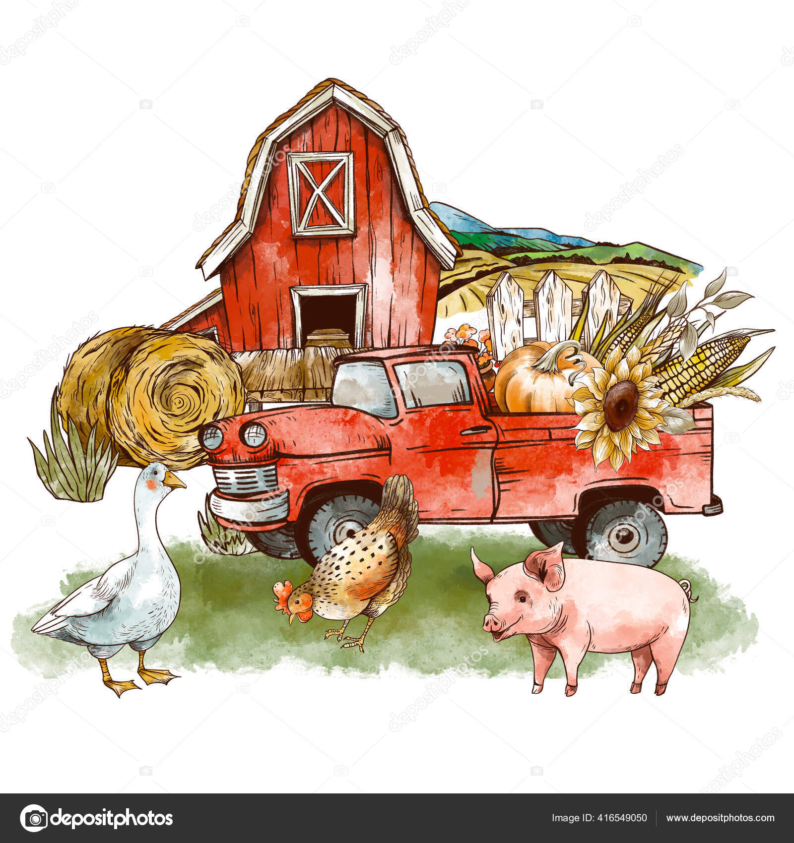 Cute Farm House Fall Red Truck Rustic Vintage Animals Illustration ...