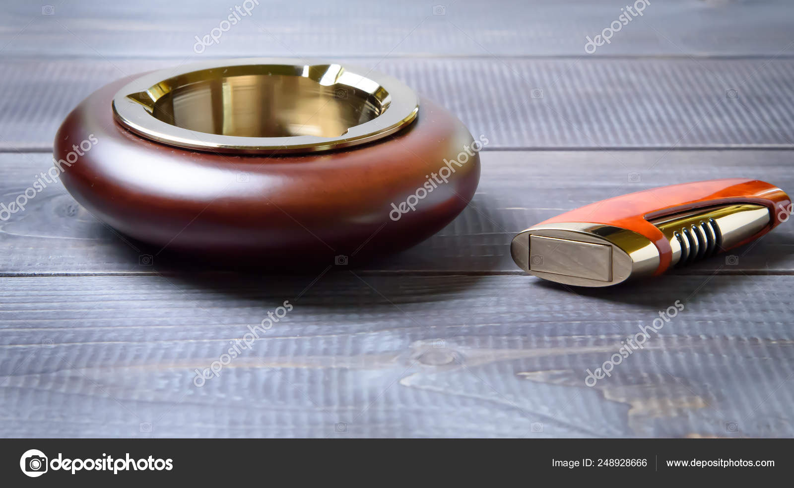Stylish Exquisite Ashtray Lighters Gray Wooden Background — Stock Photo ...
