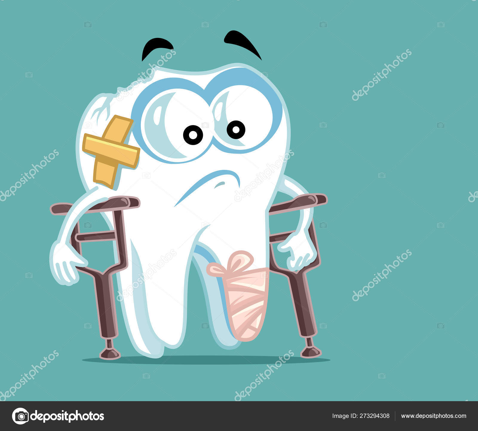 Sick Broken Tooth Crutches Chipped Molar Cartoon Vector Character Stock ...