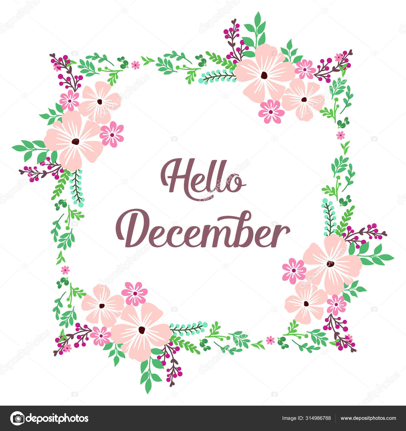 Lettering text of hello december, with design artwork green leafy ...