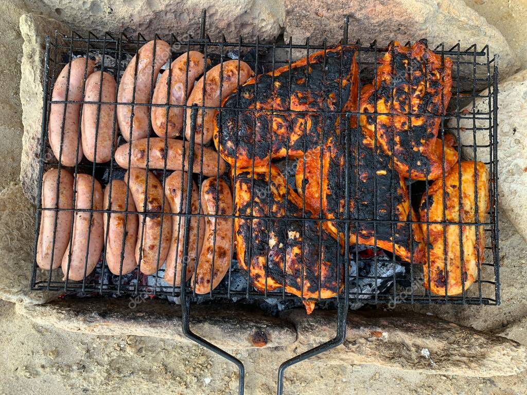 Filete de pollo frito. Un picnic en la naturaleza, carne de ave ...