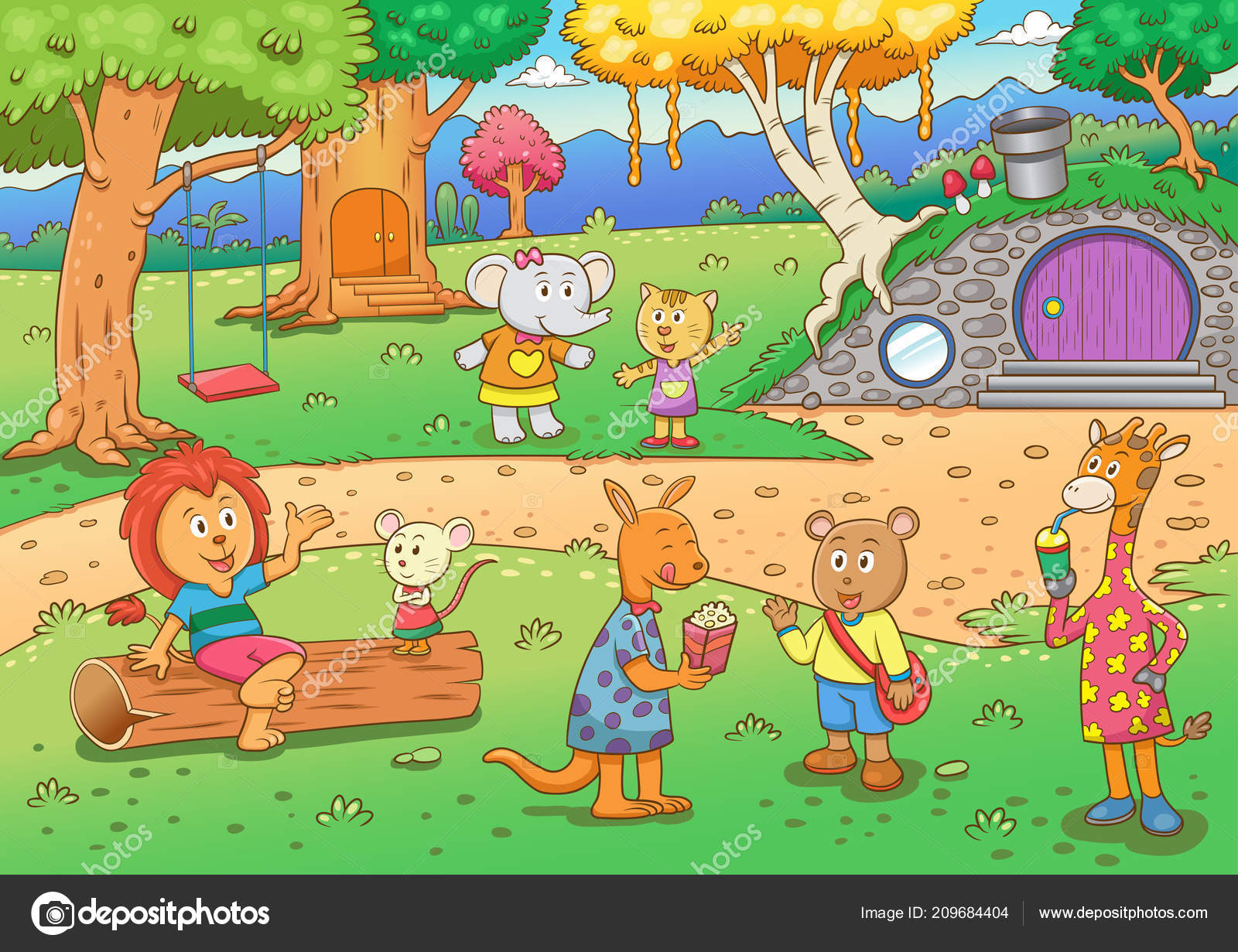 Cartoon Illustration Wild Animals Living Tree House Tree Hollow Simple ...