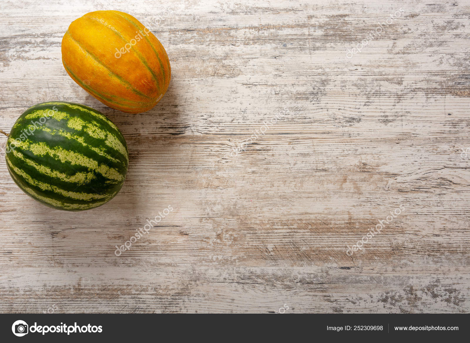 Whole Watermelons Melons Different Varieties White Wooden Background ...