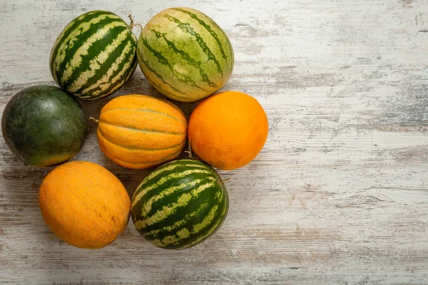 Whole Watermelons Melons Different Varieties White Wooden Background ...