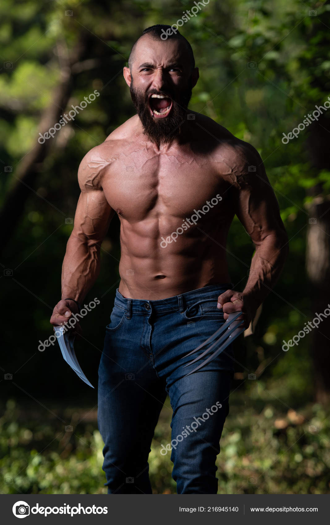 Portrait Physically Fit Wolverine Claws Showing His Well Trained Body ...