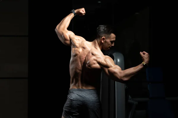 Muscular Man Flexing Muscles Rear Double Biceps Pose - Stock Image ...