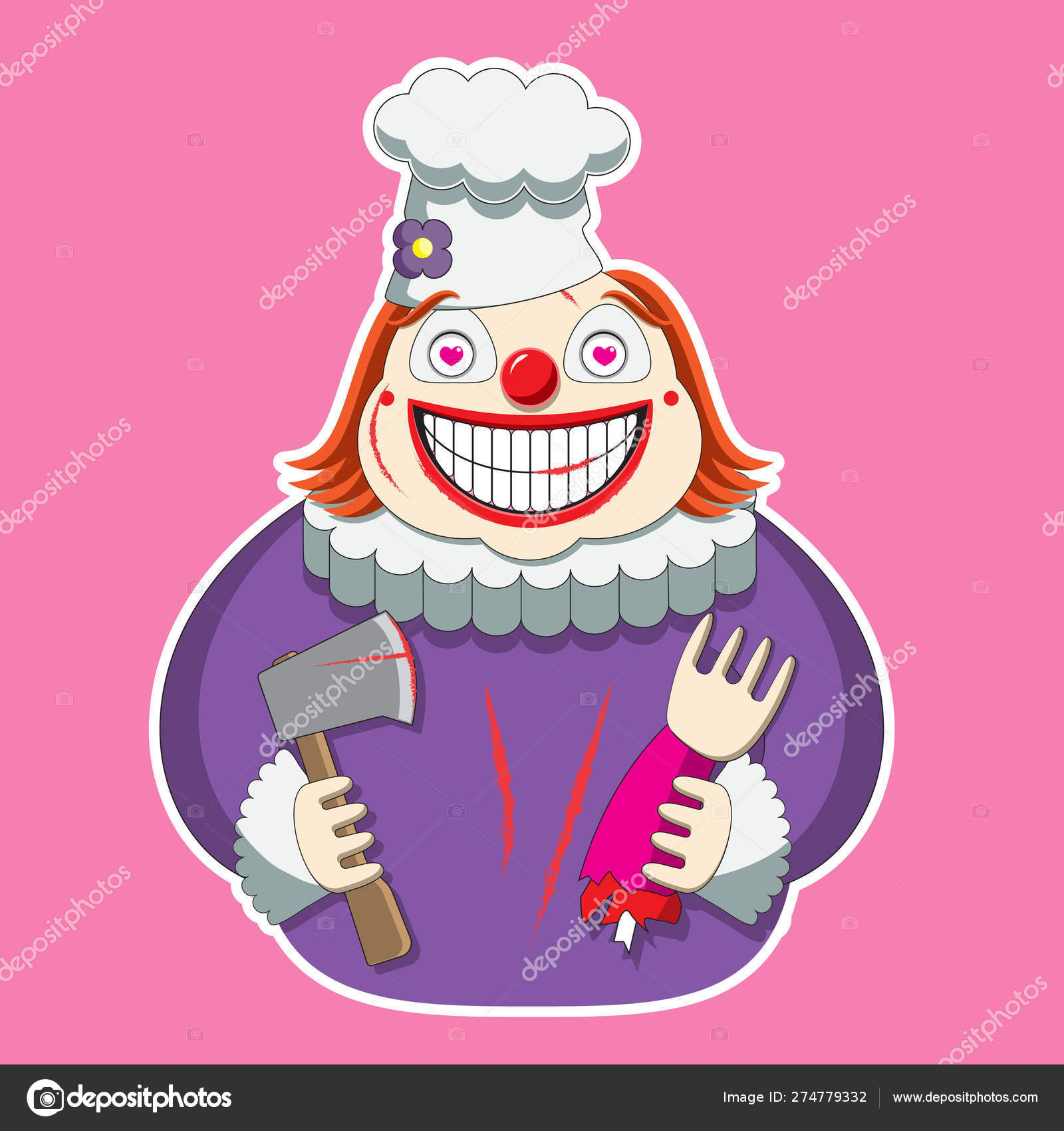 The clown character in the chef s hat holds an axe and a limb. vector ...