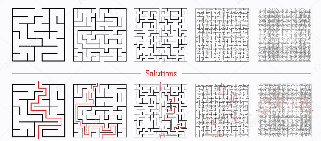 Ilustración vectorial del conjunto de 5 laberintos cuadrados para niños ...