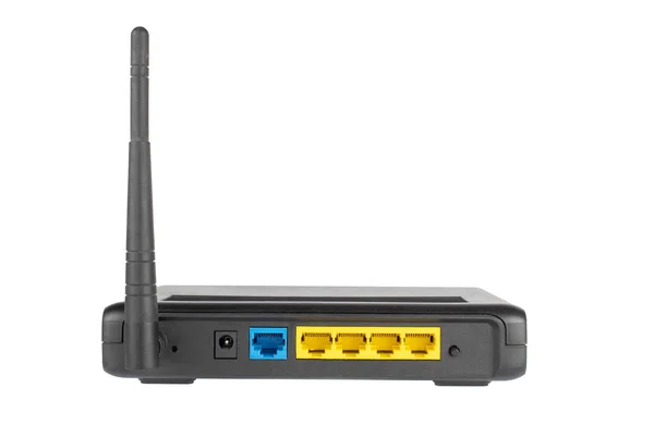 La parte posterior del router WI-FI, antena y conectores de toma de ...