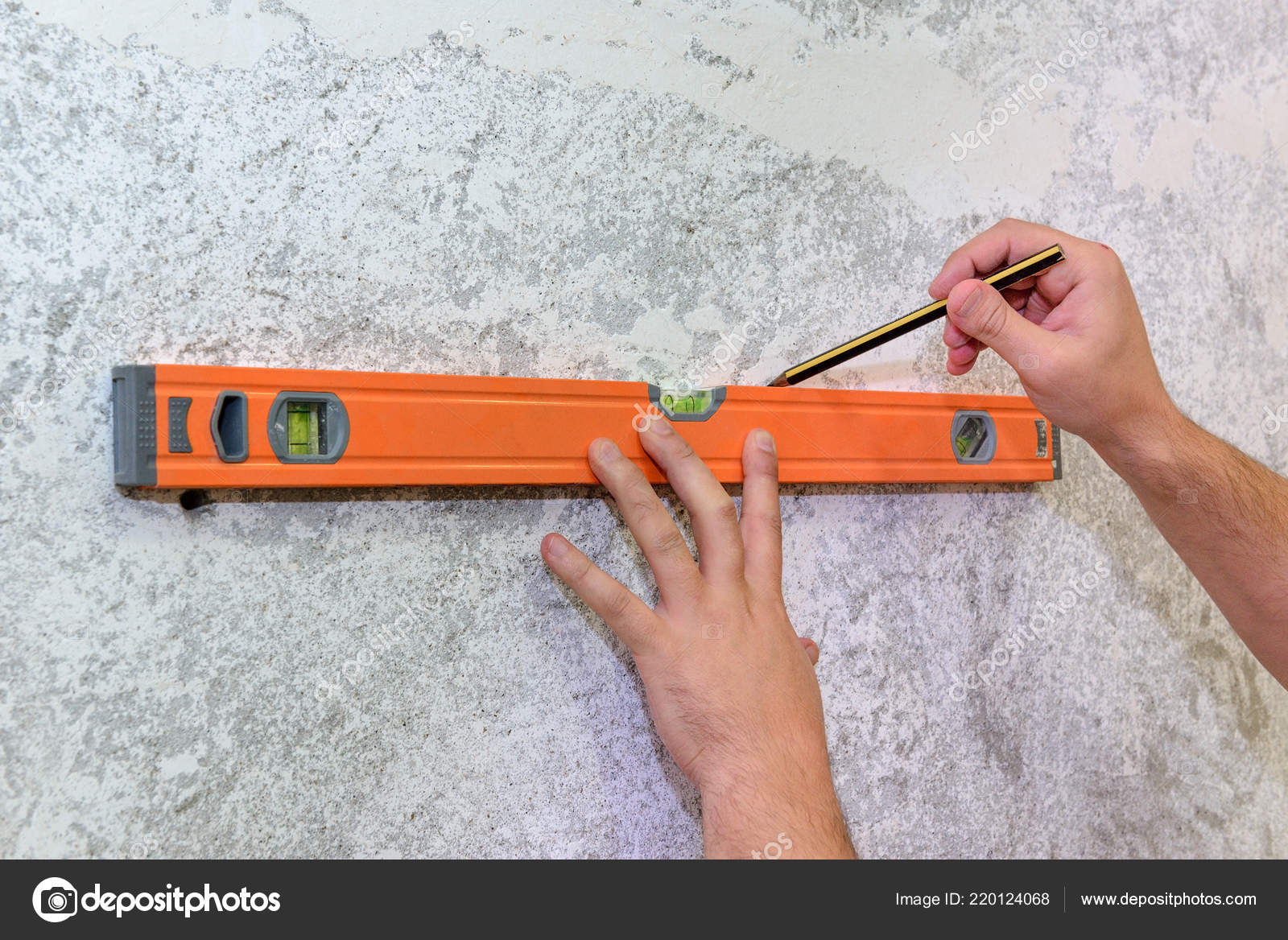 Construction Work Marking Pencil Wall Building Level — Stock Photo ...