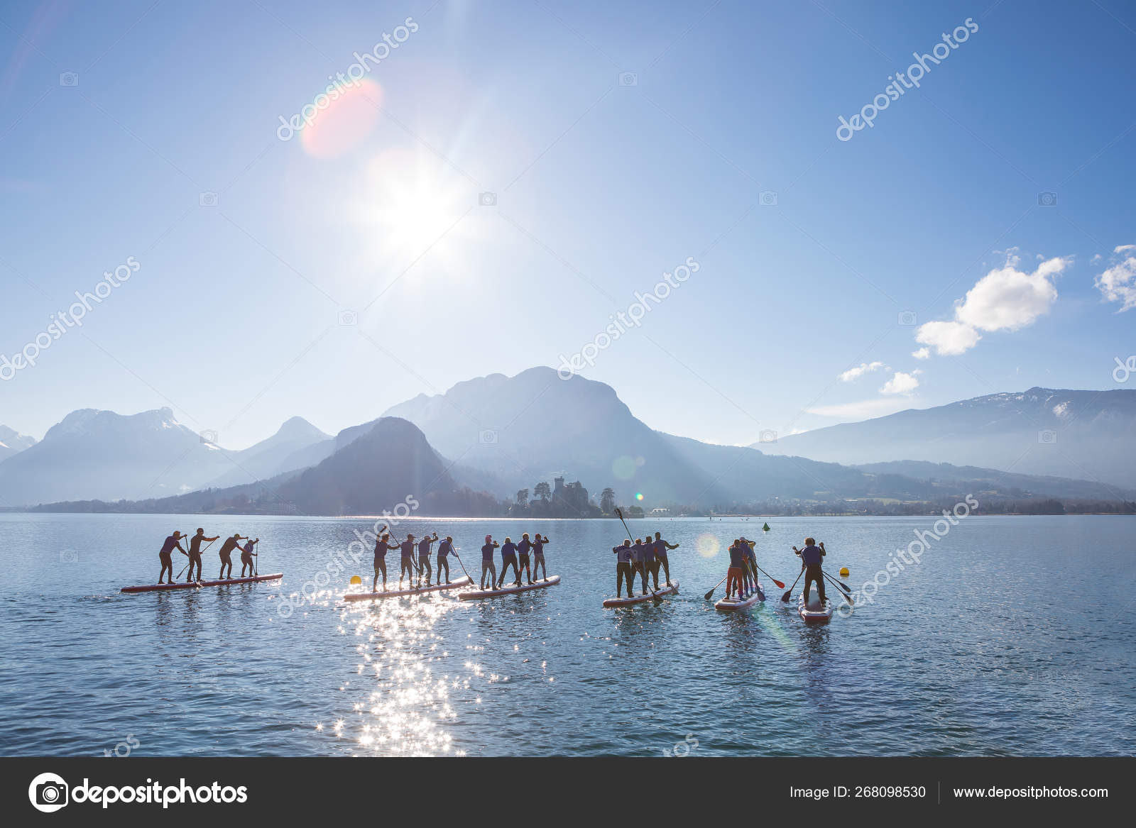 SUP paddling team on the boards. Race on the lake in France — Stock ...