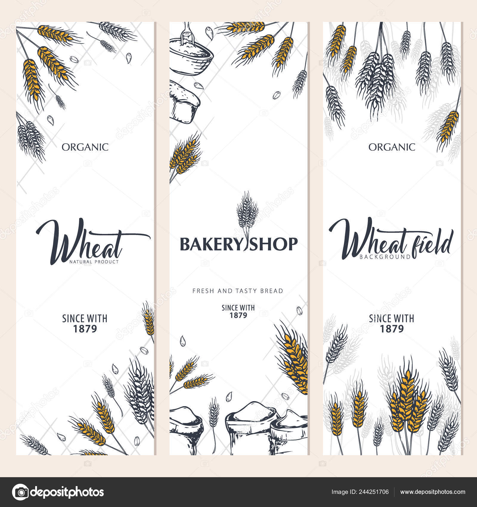 Set of Bakery backgrounds with wheats. Linear graphic. Bread banner ...