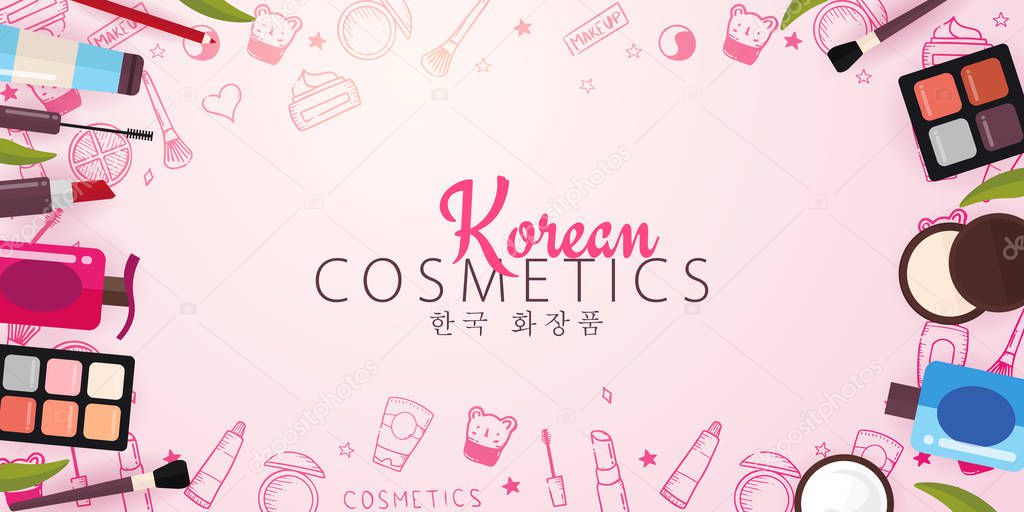 Cosméticos planos coreanos. Banner K-Beauty con fondo de garabato dibujado a mano. Cuidado de la ...