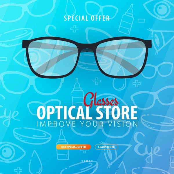 Banner for Glasses Clinic or Optical Store with eye glasses. Hand draw ...