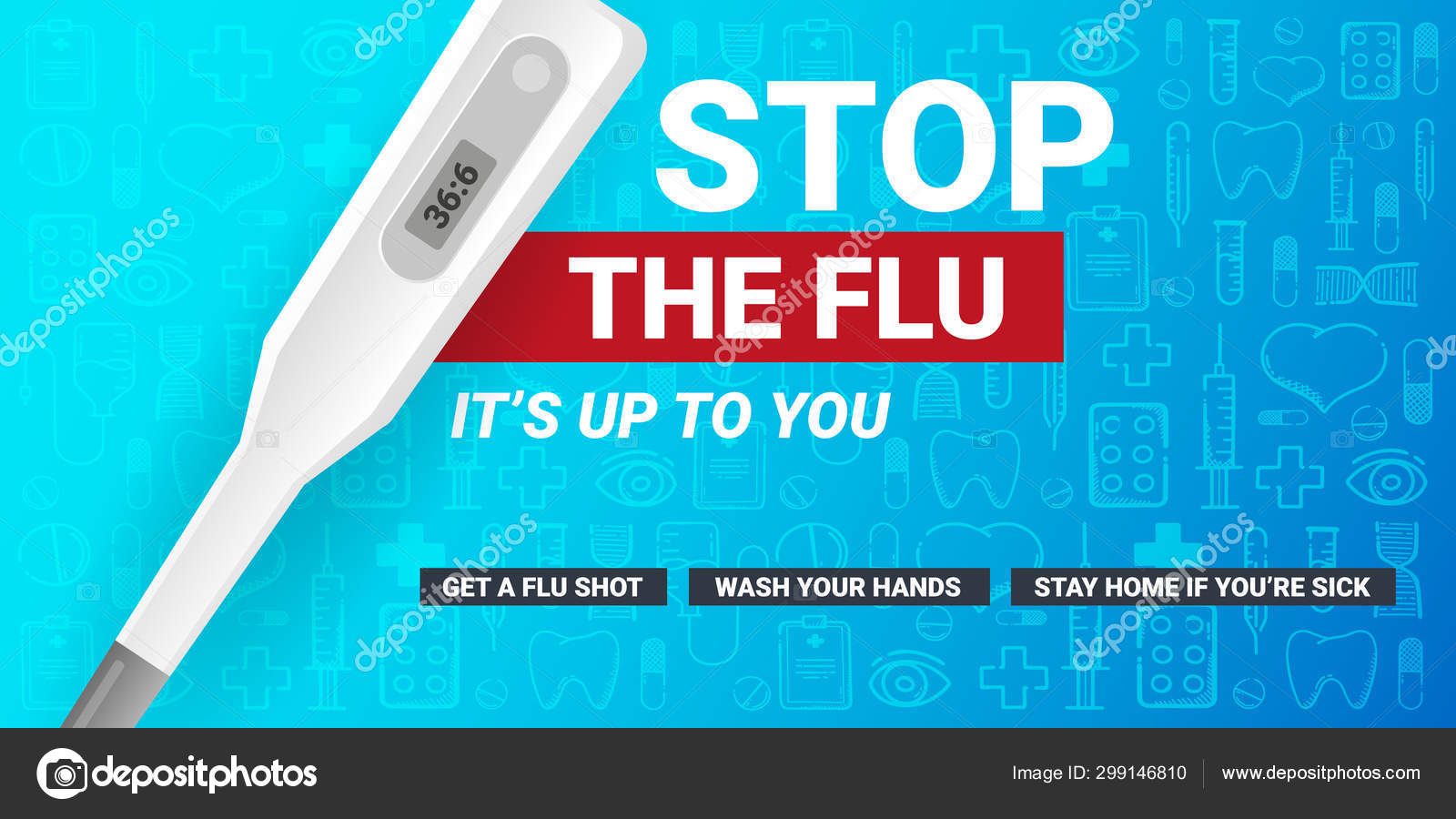 Stop the flu banner with medicine thermometer. Medical hand draw ...