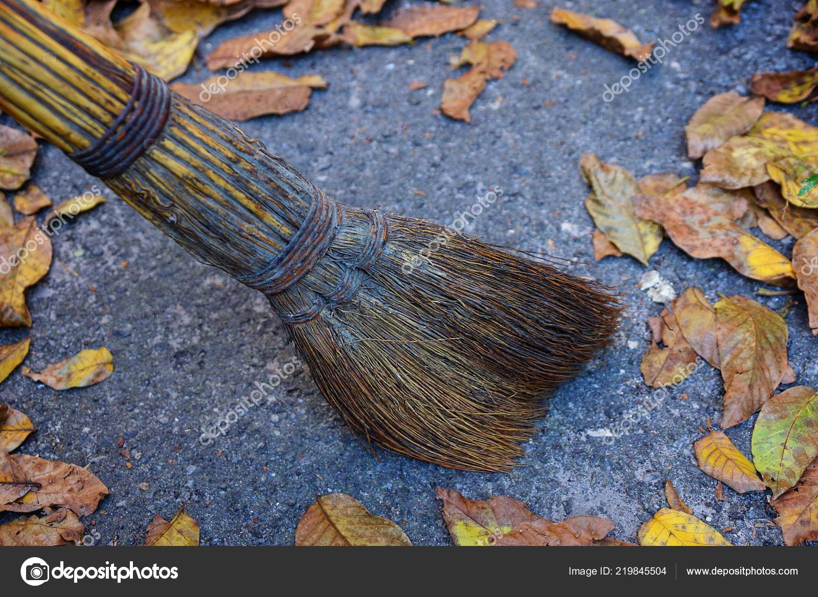 Brown Broom Sweeps Fallen Leaves Asphalt Stock Photo by ©AnatolX 219845504