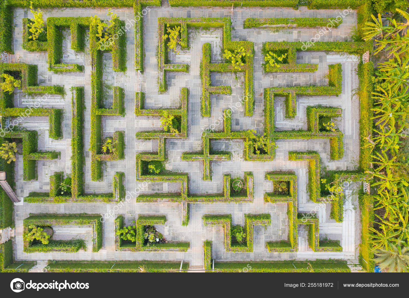 Aerial photo top view medium altitude above of maze green park g Stock ...