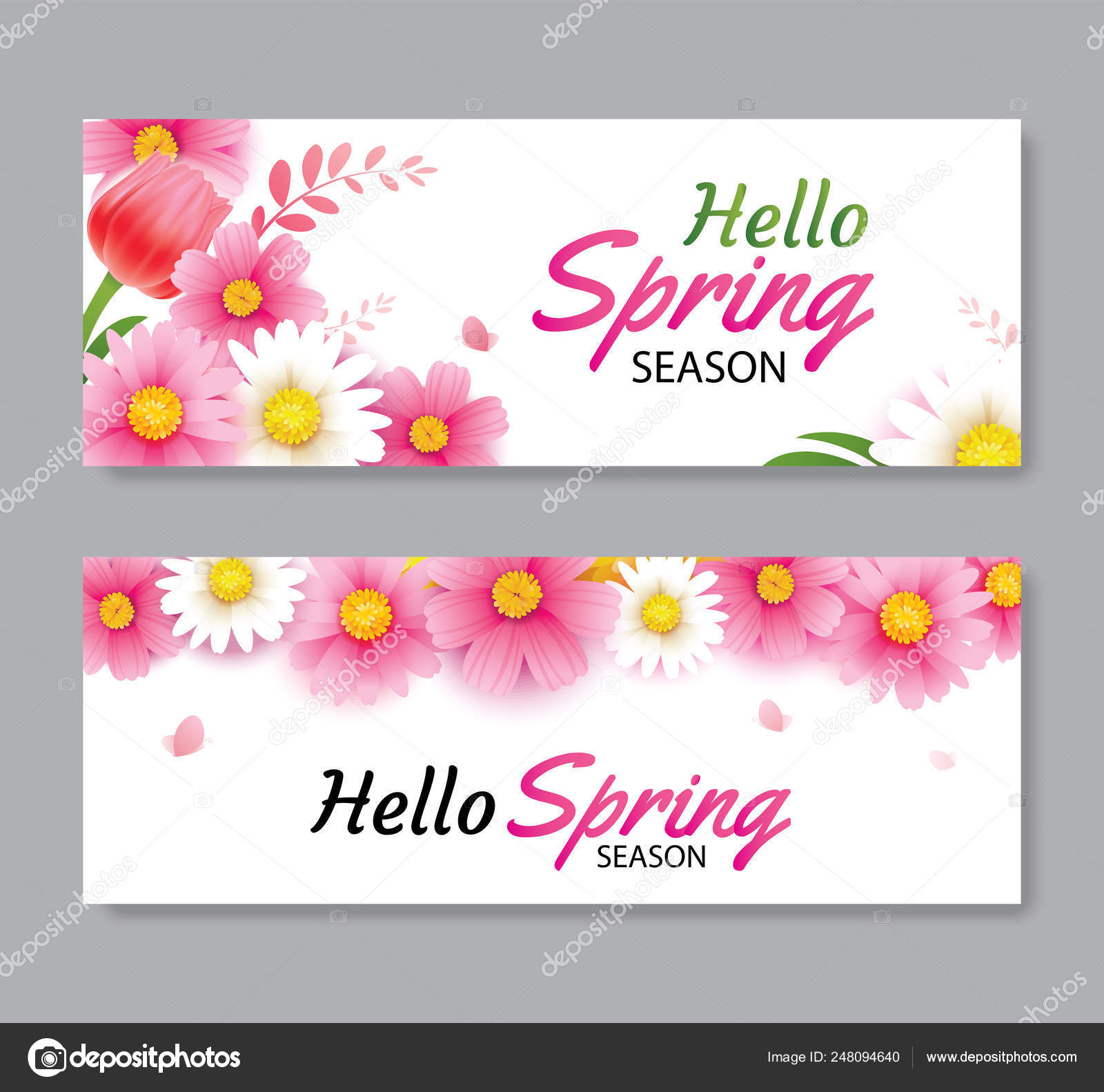 Hello spring greeting card and invitation with blooming flowers Stock ...