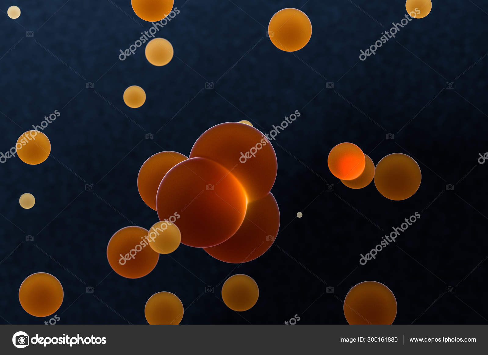 Orange spheres and molecular model, random distributed, 3d rendering ...