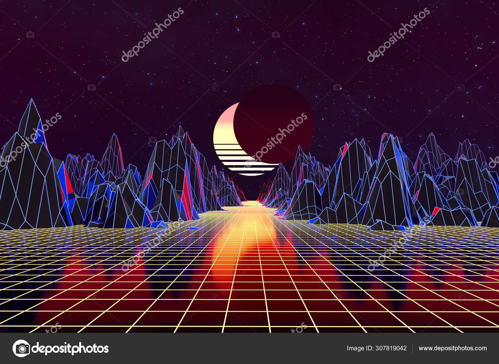 3d background Illustration Inspired by 80's Scene synthwave and ...