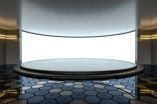 Empty room with round stage in the center, 3d rendering. Computer ...