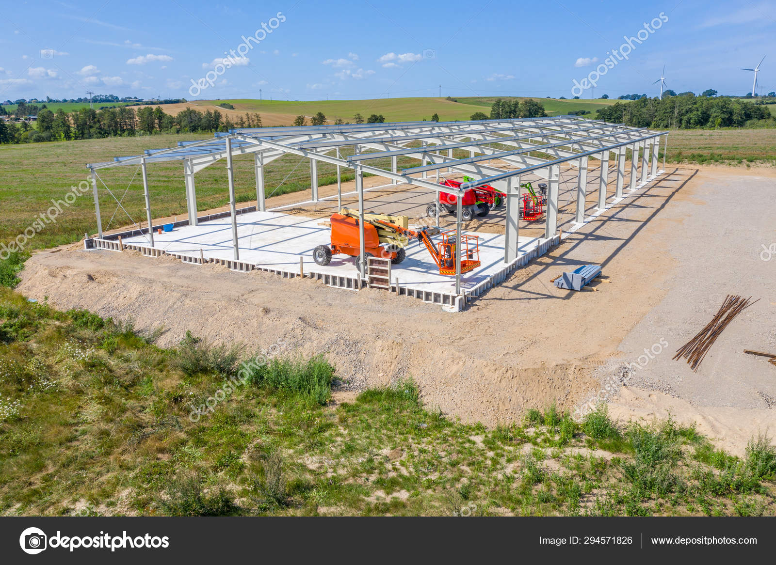 The basic structure of a new hall is erected in an industrial es Stock ...