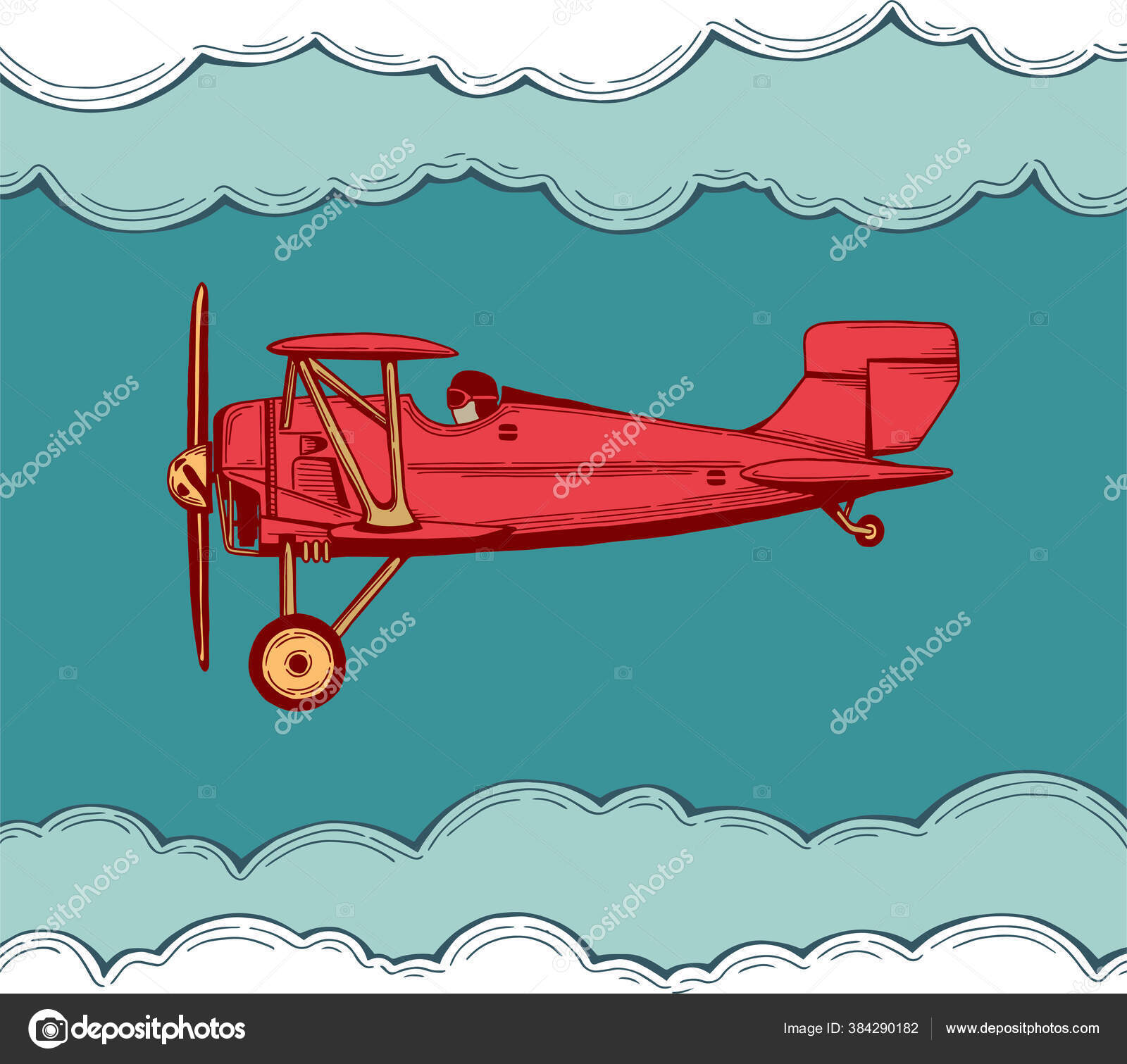 Airplane Hand Drawn Biplane Color Vector Illustration Aeroplane Sketch ...