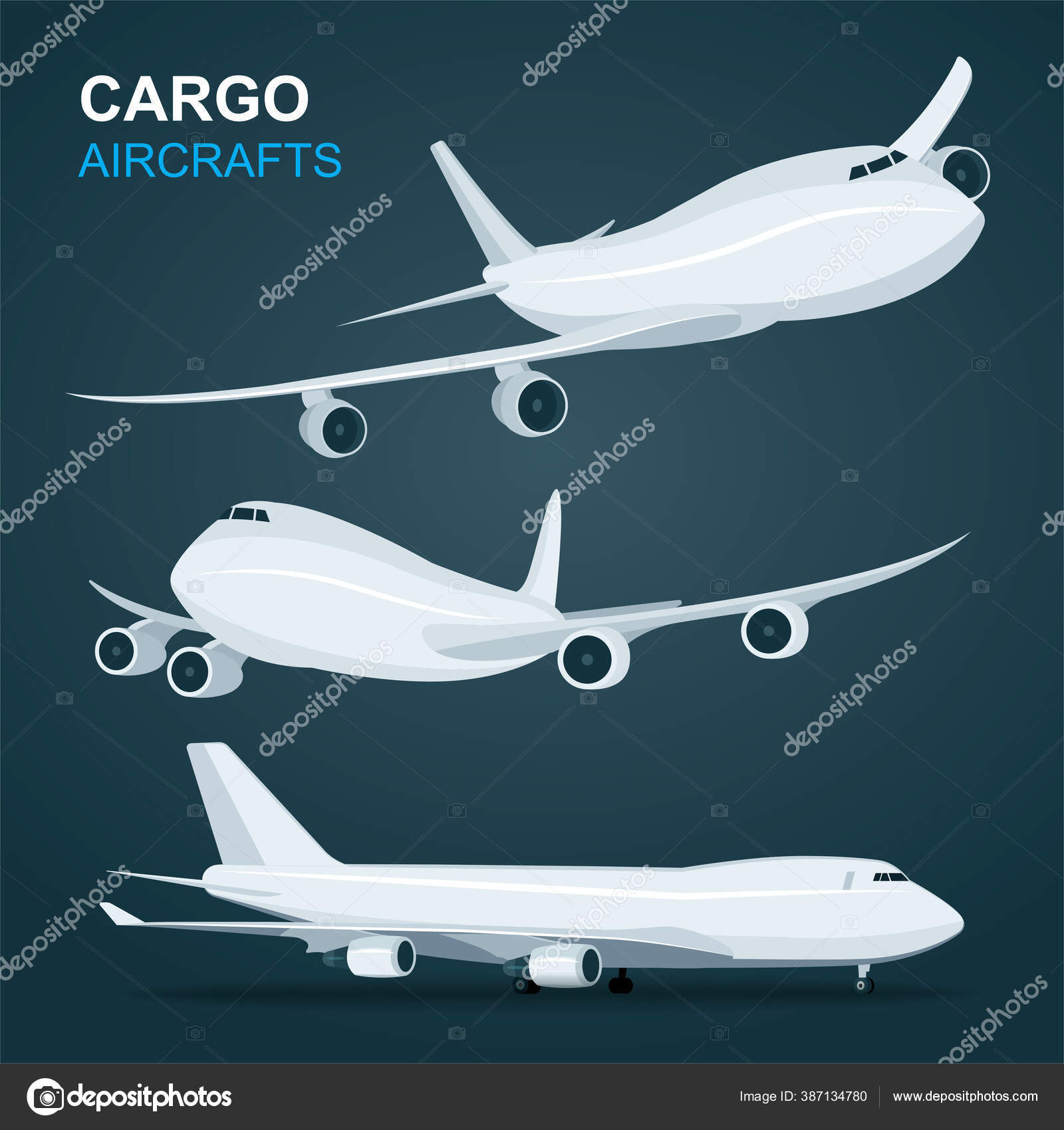 Cargo Aircraft Set Airplane Profile Side View Front Top View Stock ...