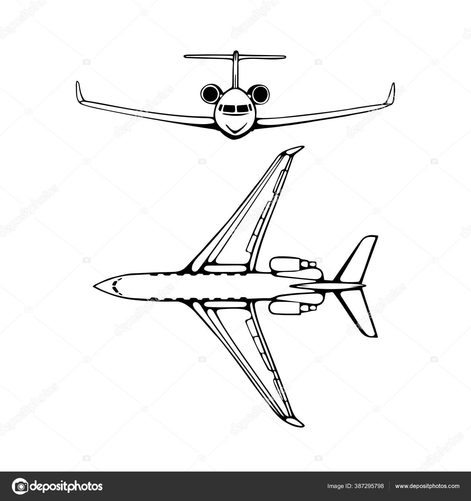 Airplane Business Jet Front Top View Hand Drawn Vector Illustrations ...