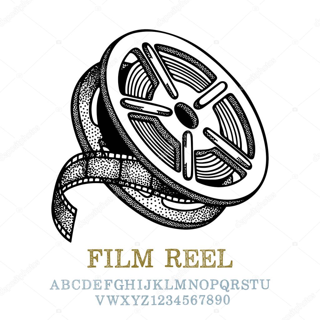 Carrete de película. Dibujo a mano emblema cinematográfico de estilo ... Carrete de película. Dibujo a mano emblema cinematográfico de estilo ...