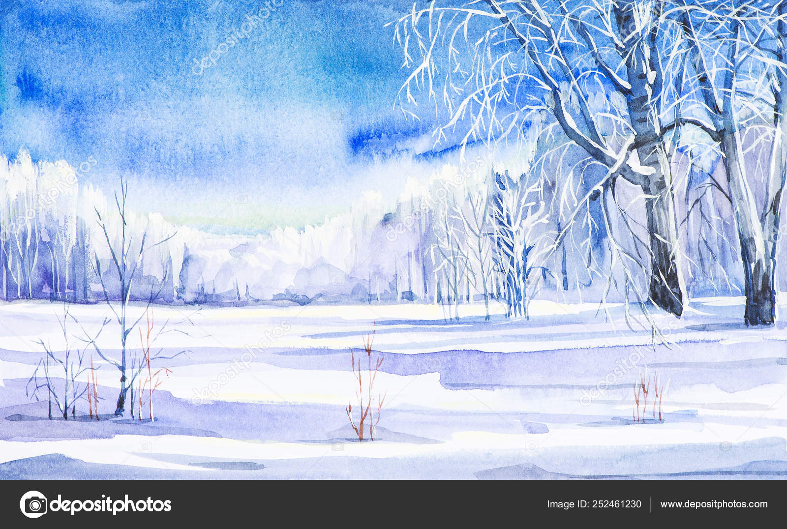 Winter landscape of forest and snowy field. Hand drawn watercolo Stock ...