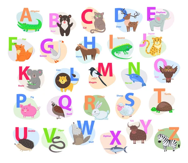 Niños ABC con animales lindos Vector plano de dibujos animados 2023