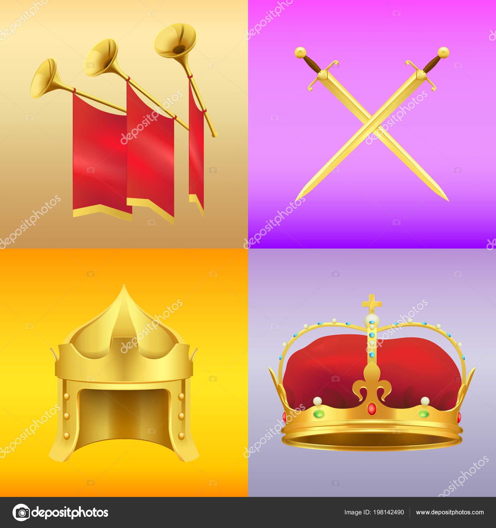 Symboler for gyldne middelalder - realistiske vektorikonier - sett ...