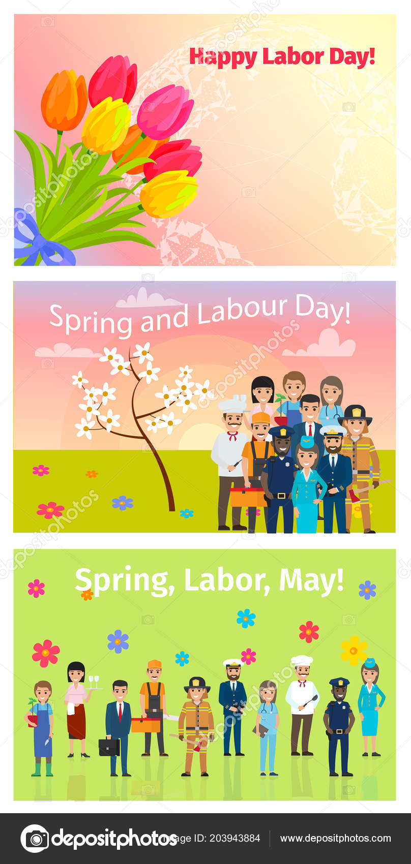 Three Horizontal Cards of Spring, Labor Day in May Stock Vector Image ...