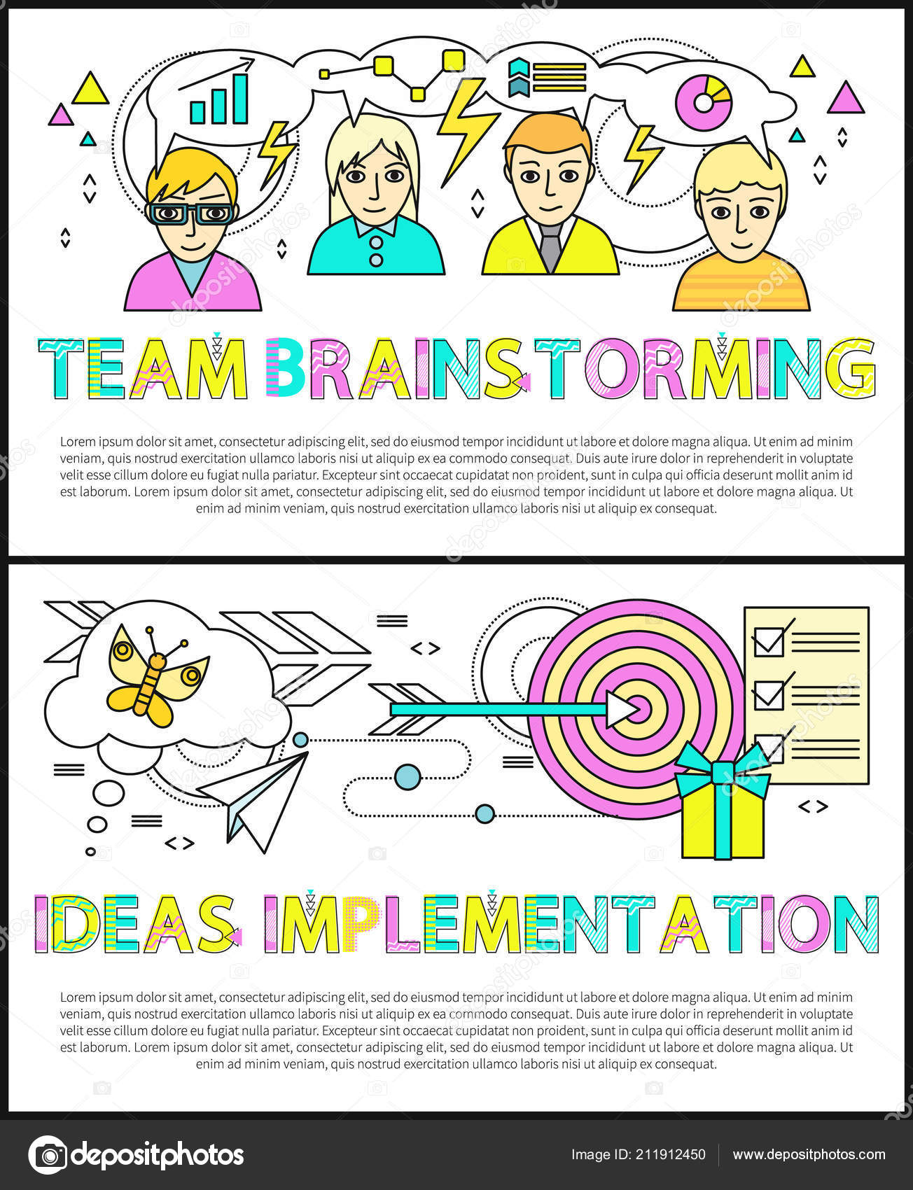 Team Brainstorming Posters Set Vector Illustration Stock Vector Image ...