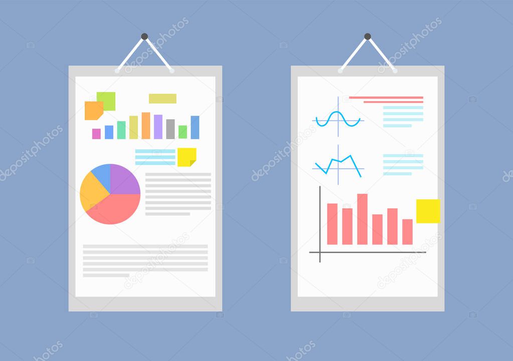 Par de grandes libros blancos con colecci n de gr ficos, ilustraci n vectorial aislada, datos ...