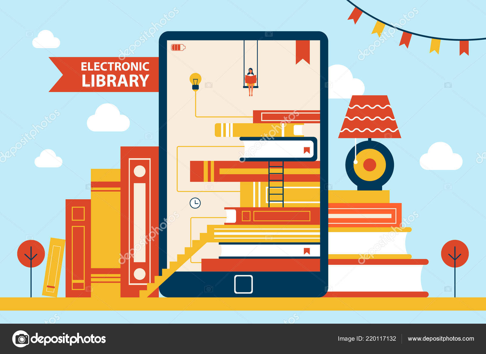 Electronic Library and Woman Vector Illustration Stock Vector Image by ©robuart #220117132