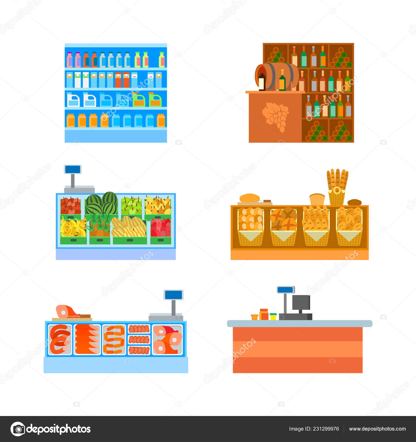 Supermarket Business Counters Shelves Set Vector Stock Vector Image by ...