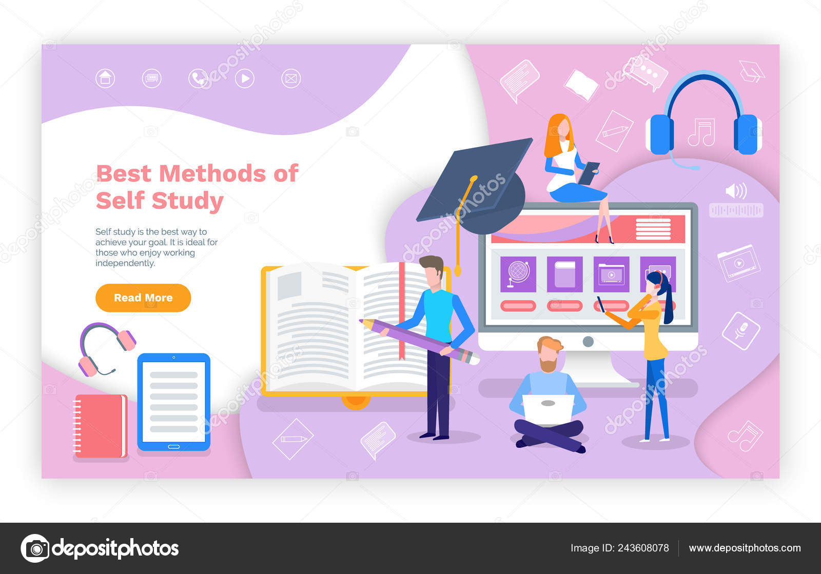 Best Methods of Self Study Online Education Page — Stock Vector ...