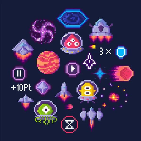 Space Game Pixel Art, Aliens and Spaceship Icons - Stock Image - Everypixel