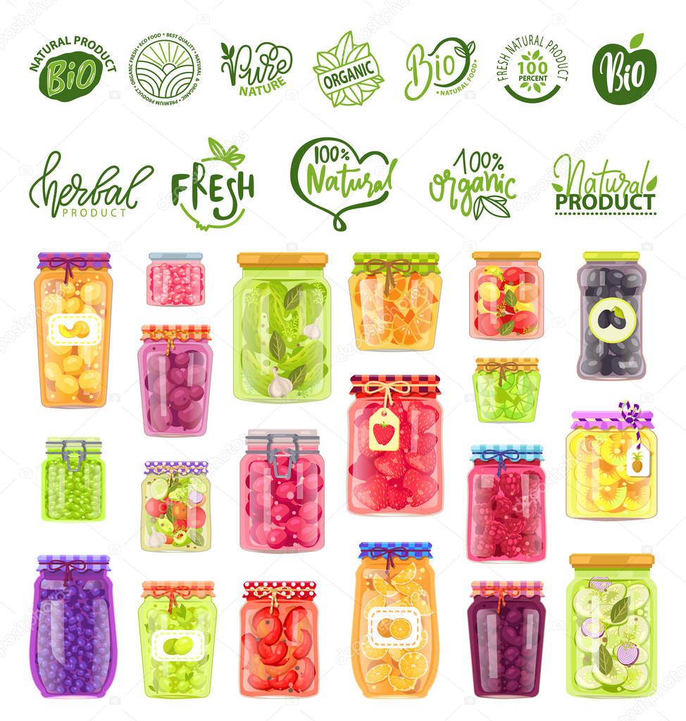 Alimentos naturales, verduras y frutas conservadas Logo Vector de Stock ...