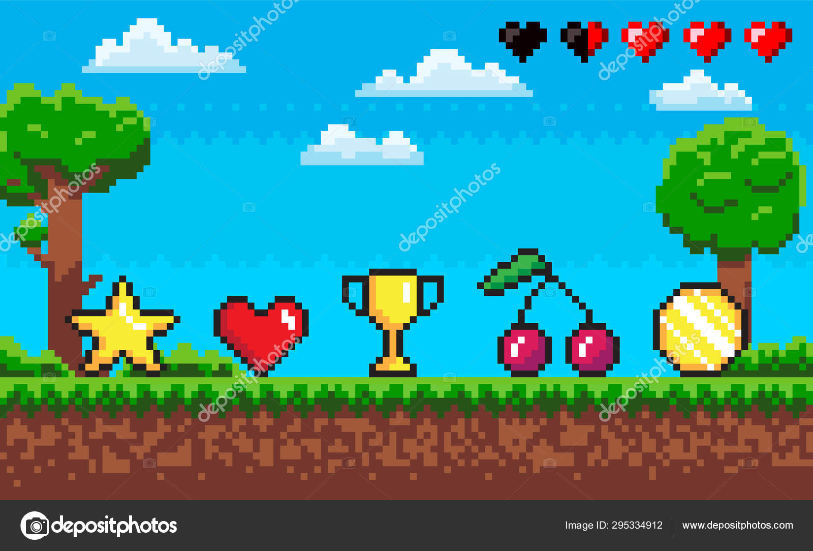 Pixel Game Scene with Icons, Cherry and Star Coin Stock Vector Image by ...