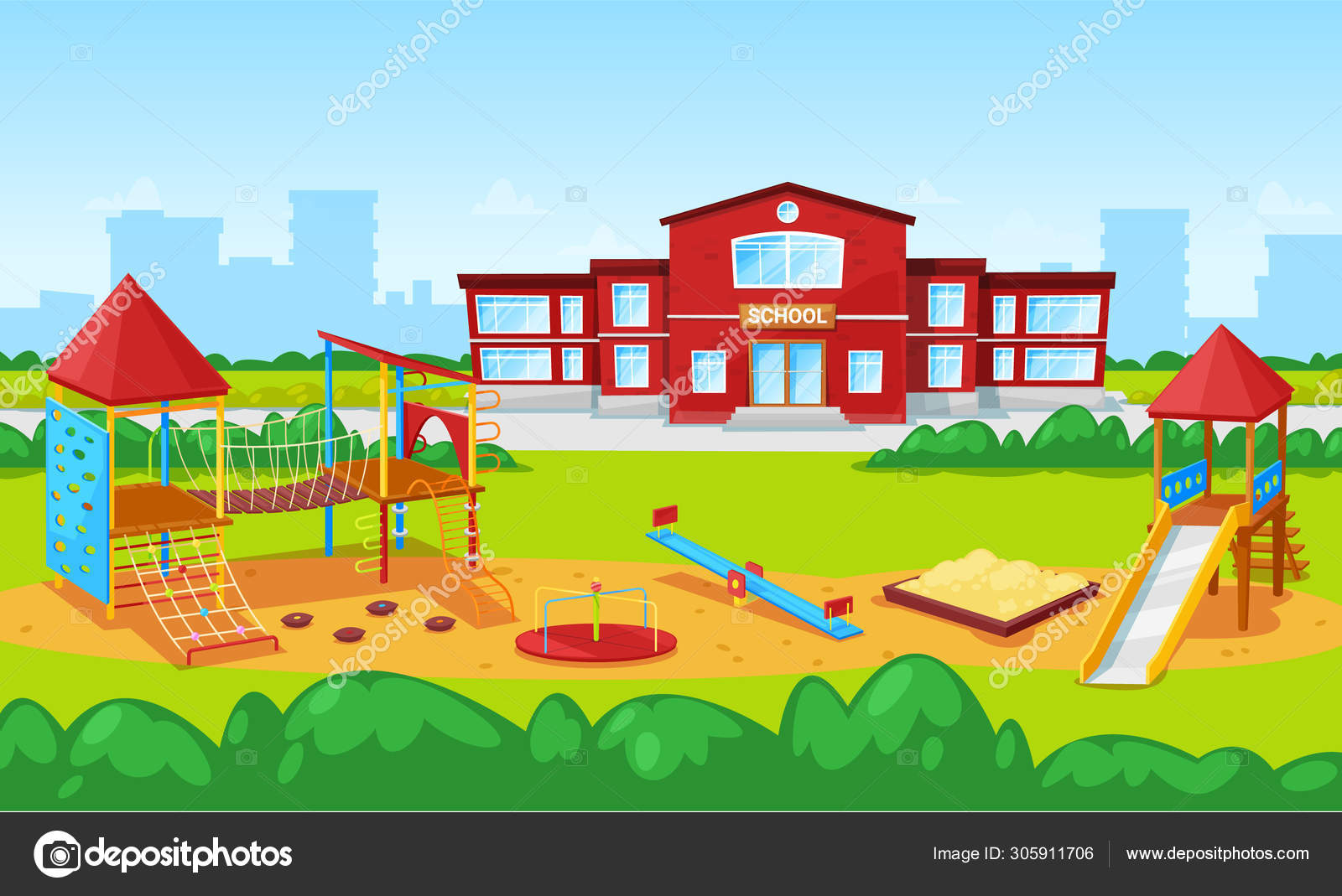 School Building and Yard Playground for Kids City Stock Illustration by ...