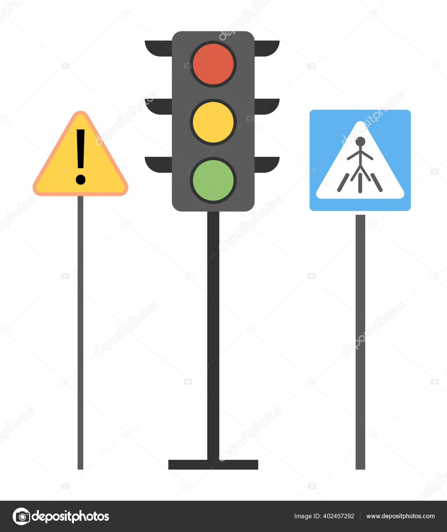 Traffic Laws signs. Zebra-crossing, traffic light, attention ...