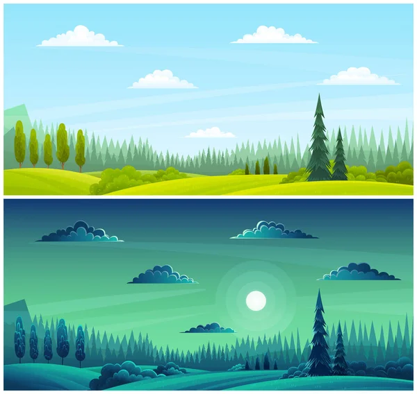 Day and night landscape with hills, forest, fir-trees, view at scenery ...