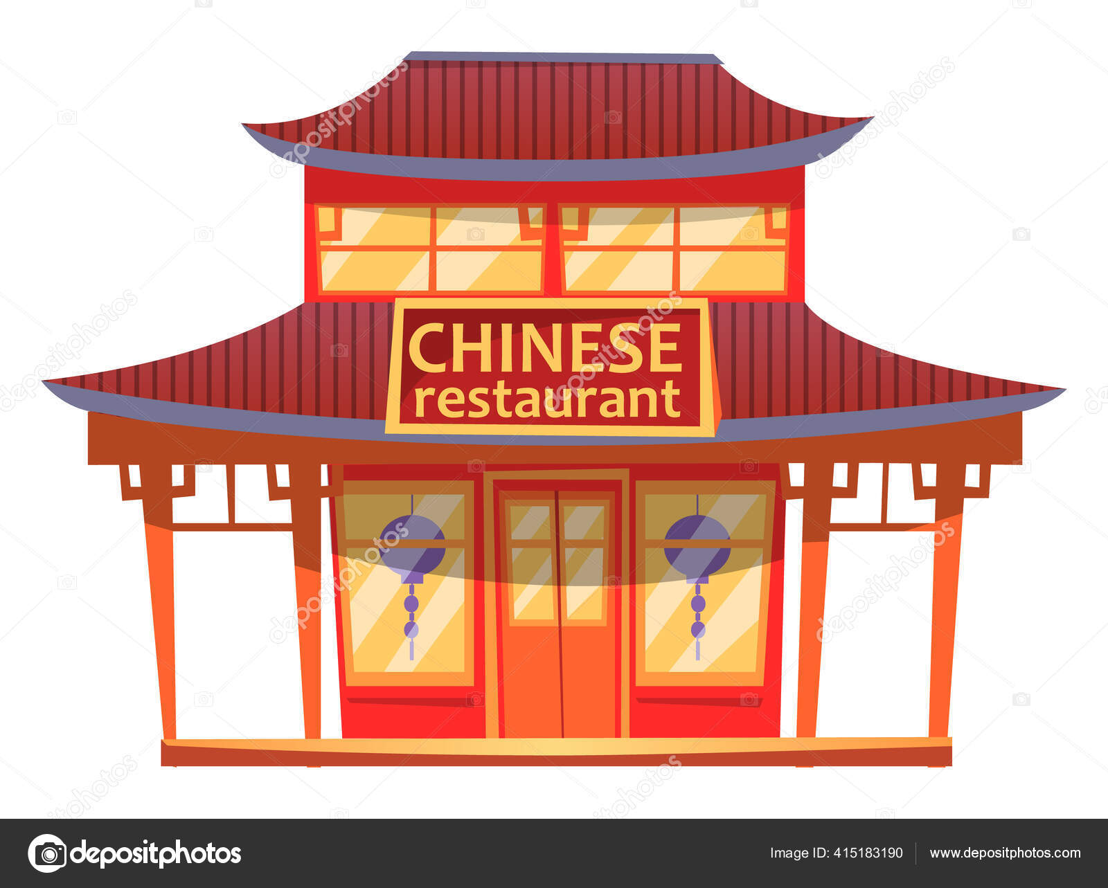 Chinese restaurant cartoon illustration of building facade and lanterns ...